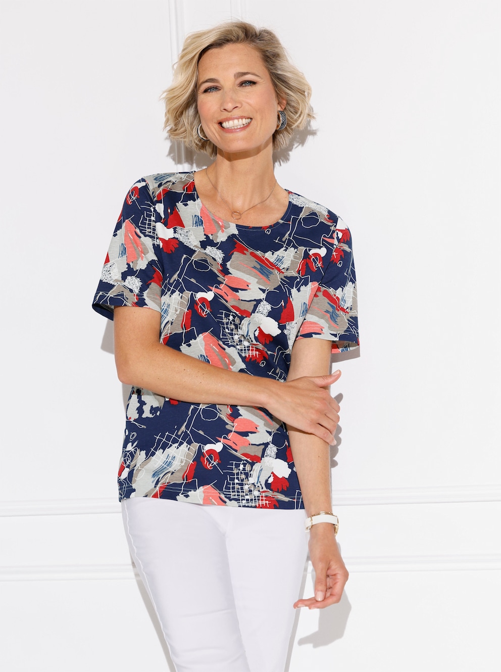 Tričko s kulatým výstřihem v barvě námořnická-korálová-potisk | Witt ...