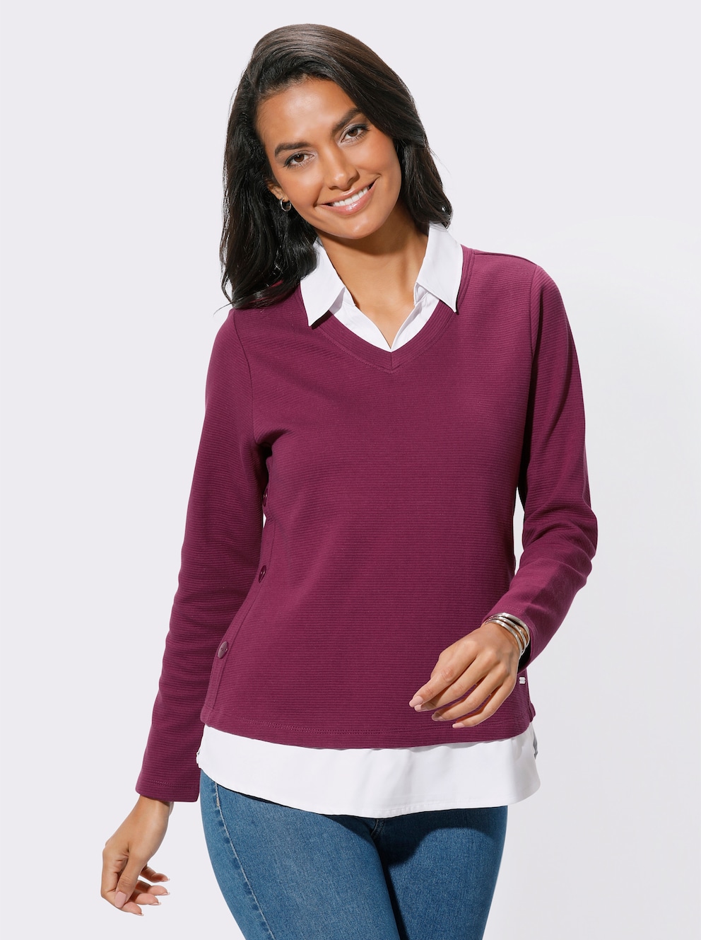 2-in-1-Shirt mit Blusen-Einsätzen in malve-weiß | Witt