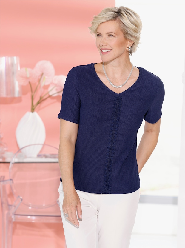 Kurzarmshirt mit Spitzenbesatz in marine | Witt