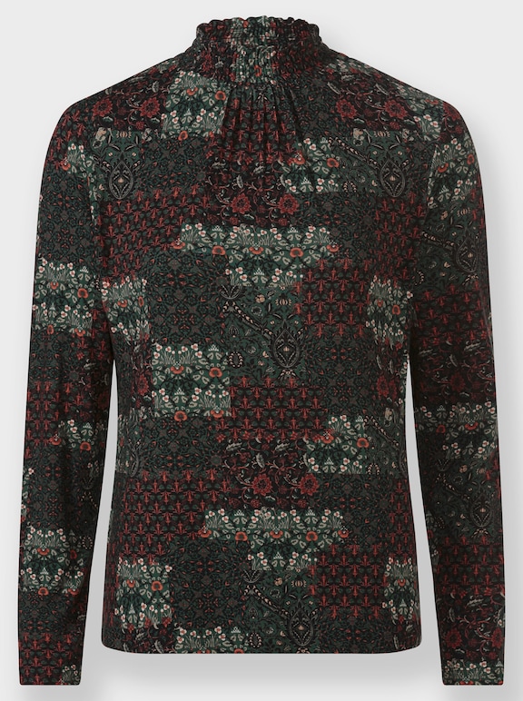Stehkragenshirt mit floralem Patch-Druck in schwarz-terra | Witt
