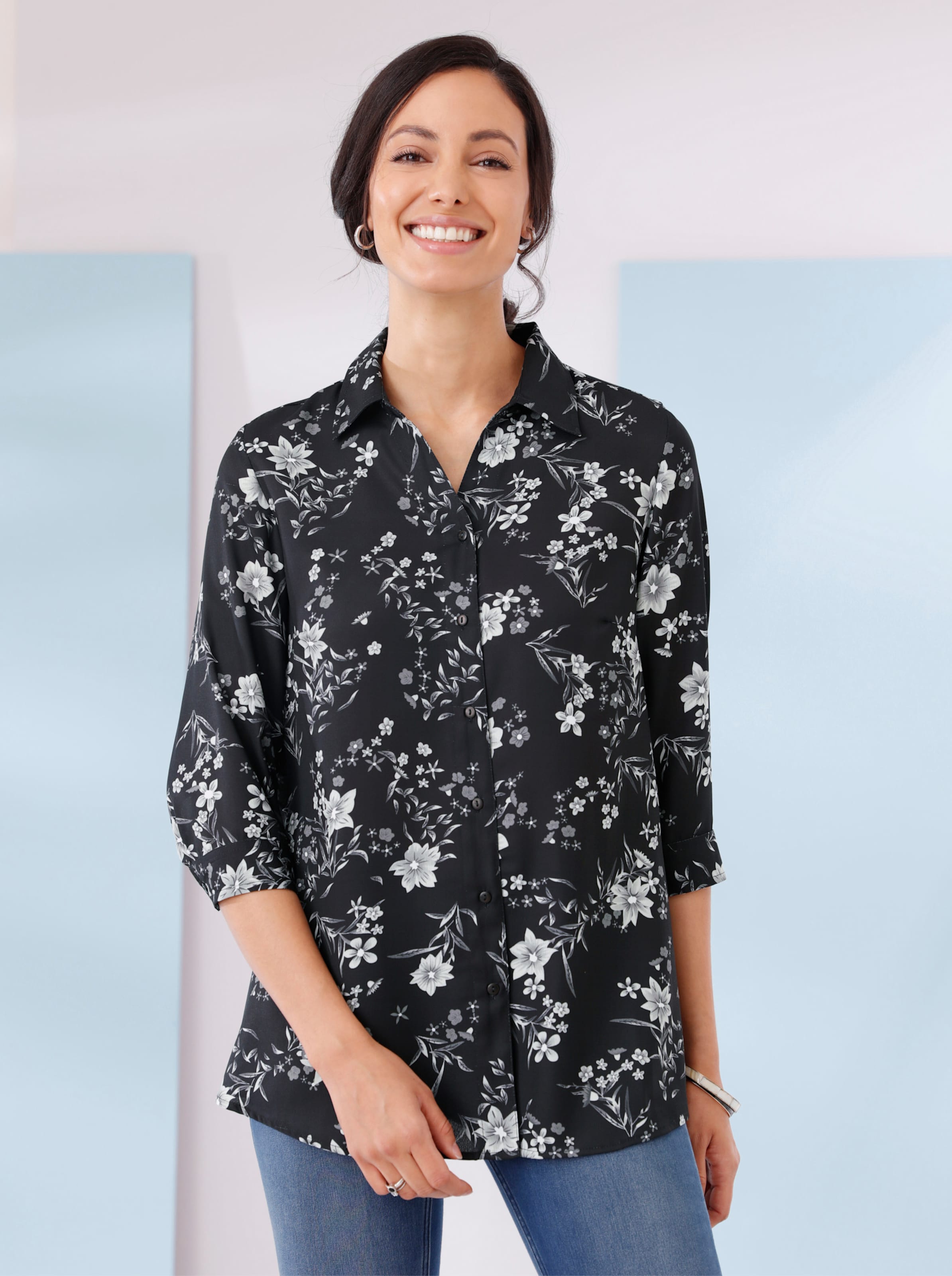 Longbluse in schwarz-bedruckt | Witt