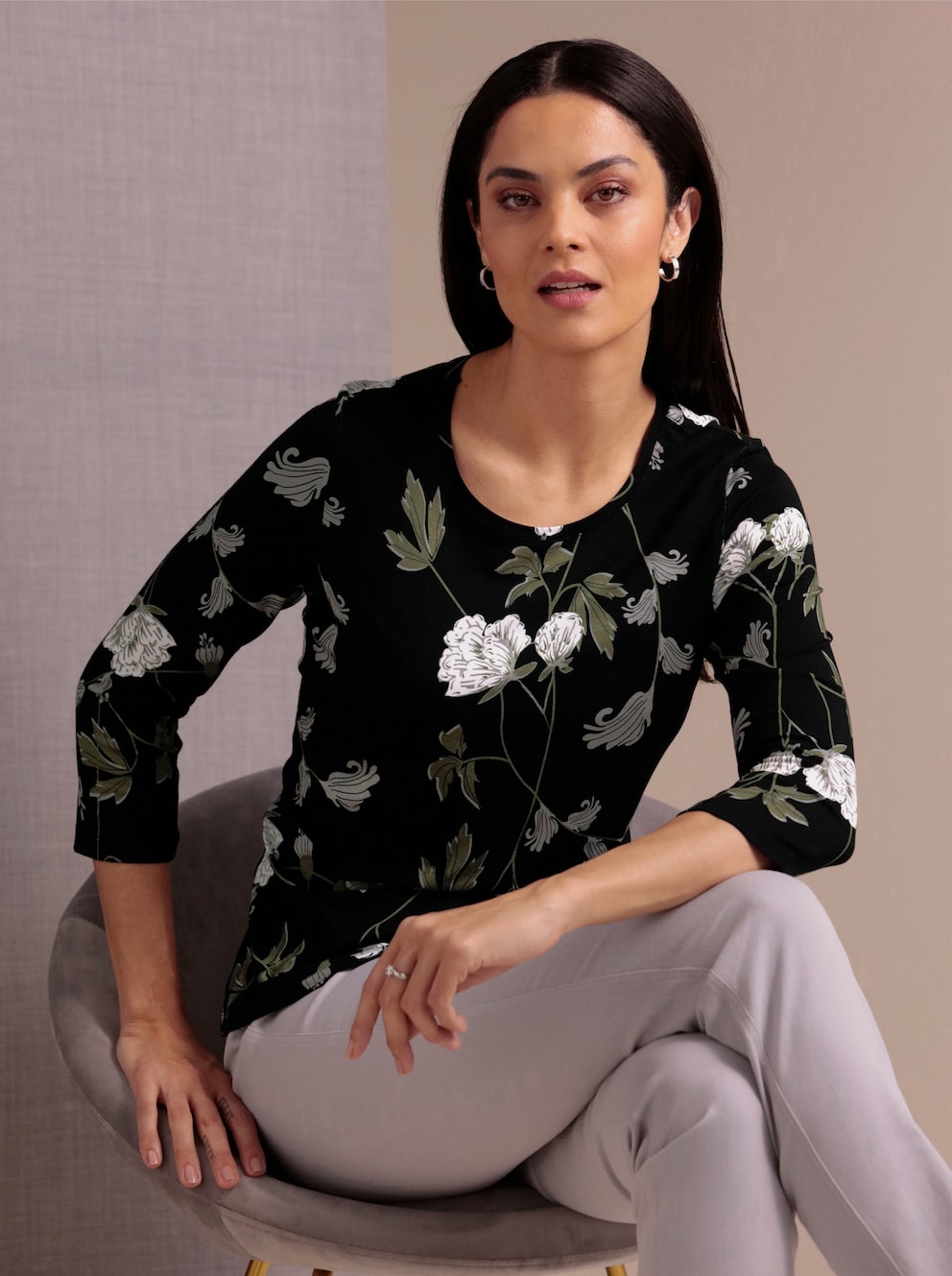 CREATION L PREMIUM Viskose-Seiden-Shirt in schwarz-khaki-bedruckt | heine