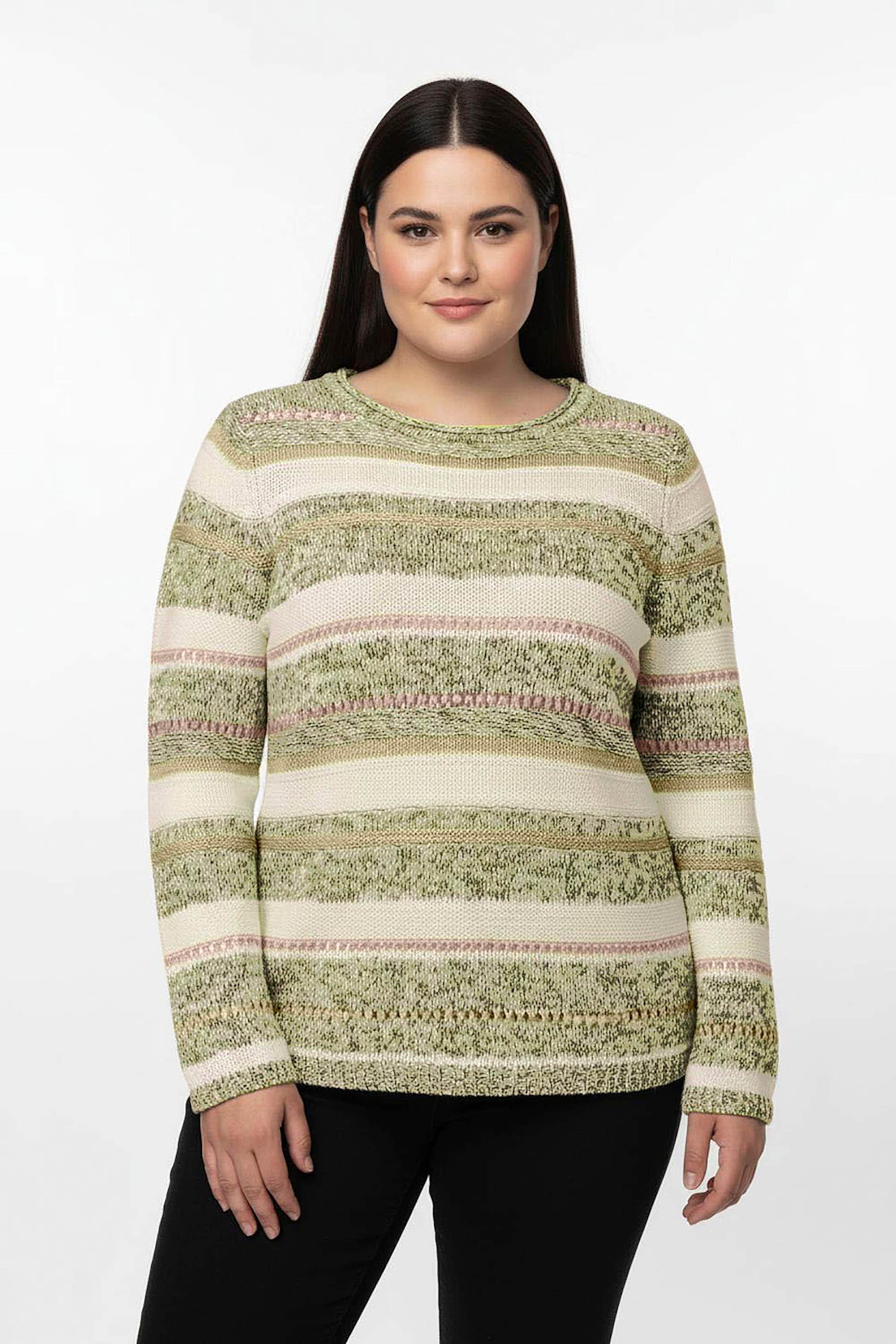 Strickpullover mit Streifen-Muster in grün-ecru-gestreift | sheego