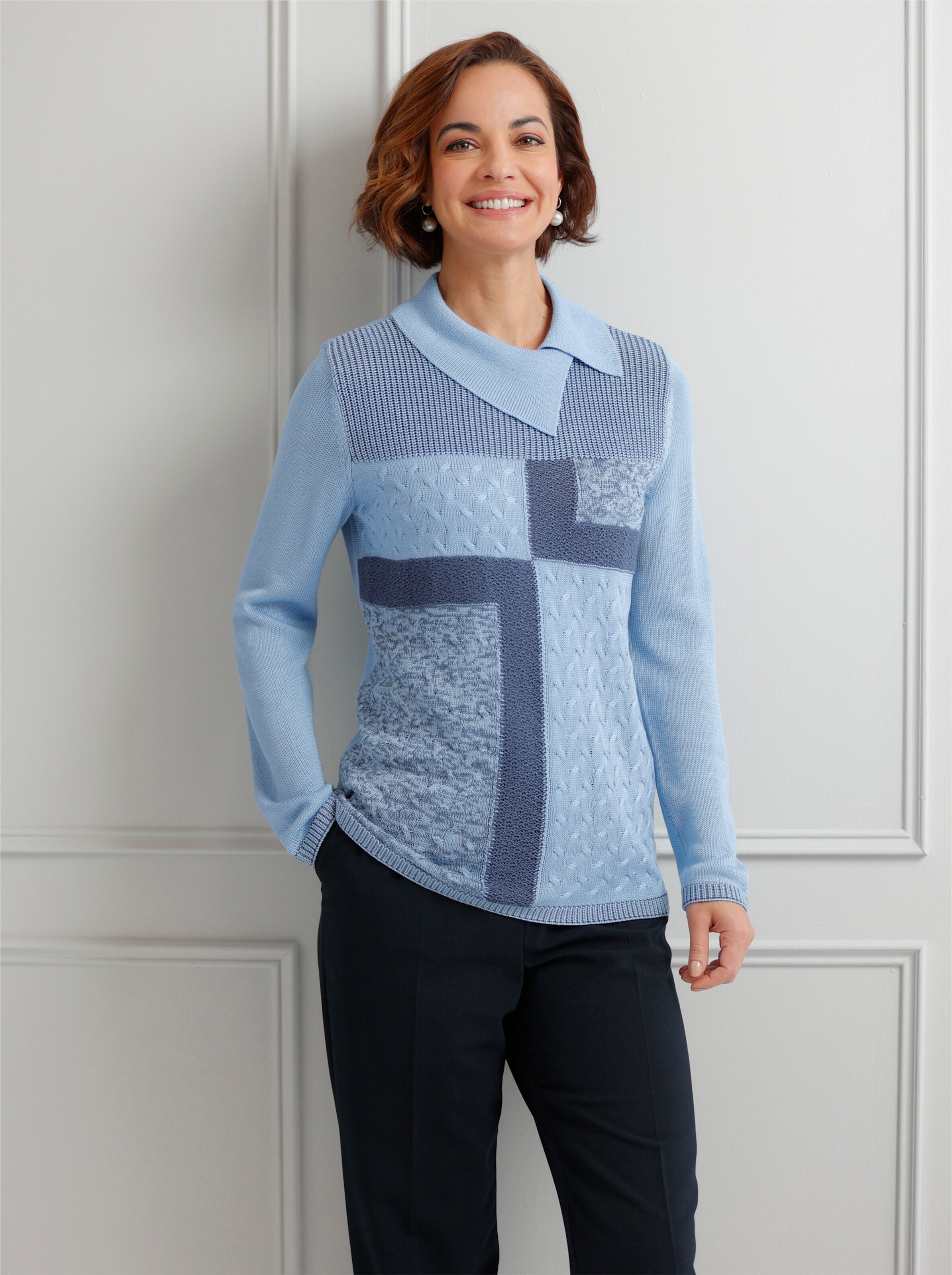 3/4 Arm-Pullover in eisblau-rauchblau-gemustert | Witt