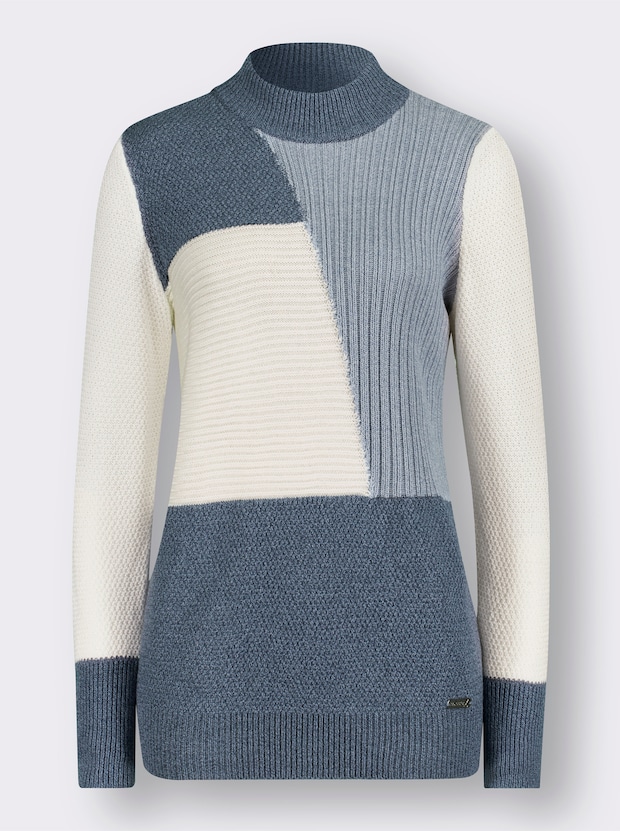 Langarm-Pullover mit Color-Blocking-Muster in rauchblau-ecru-meliert ...