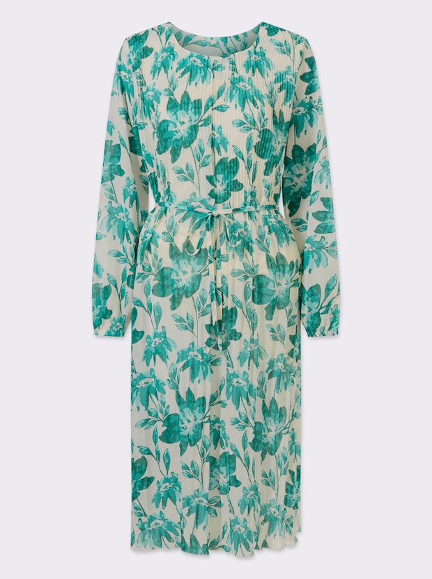 Plisseekleid mit abnehmbarem Bindegürtel in smaragd-champagner-bedruckt ...