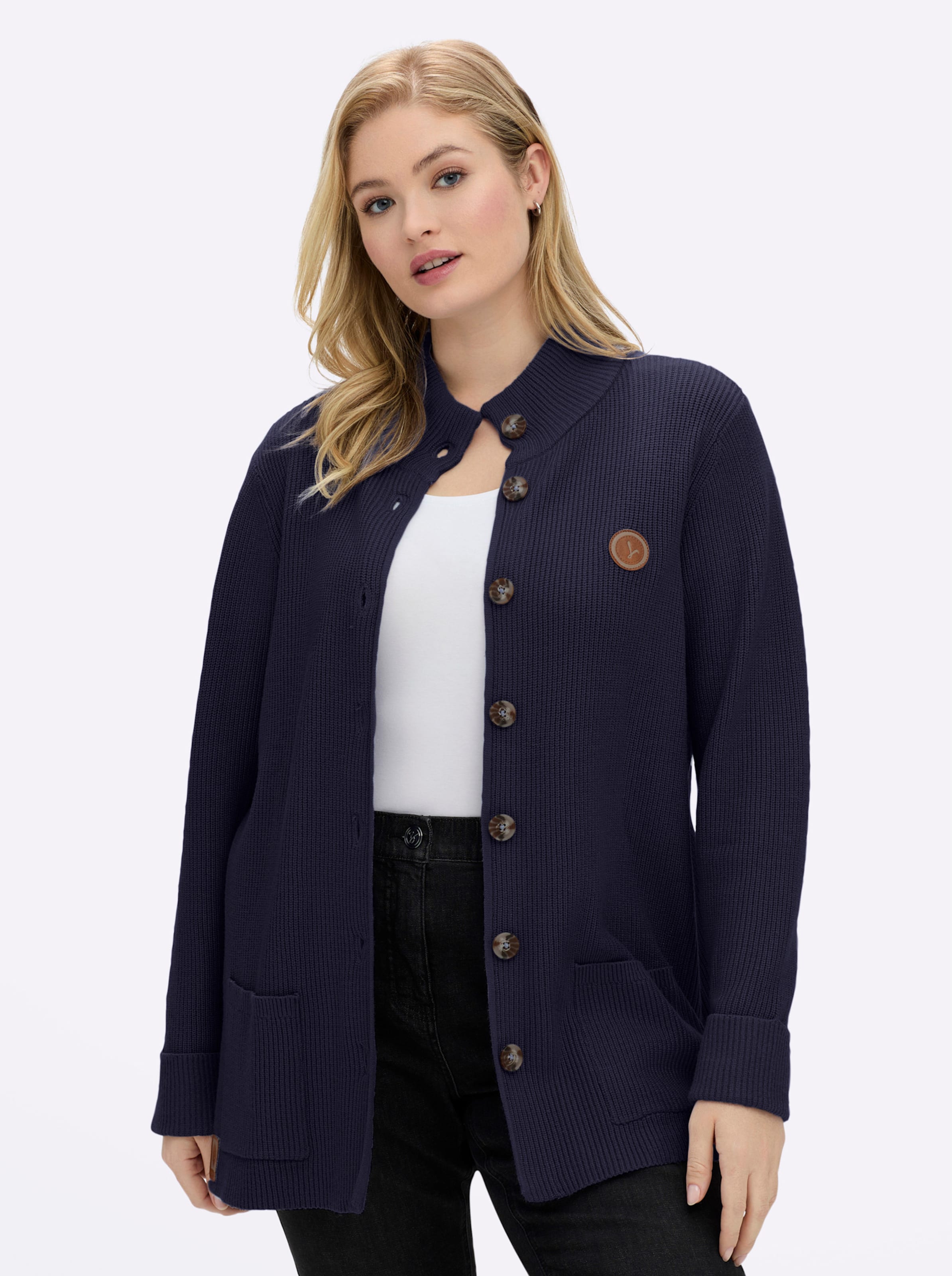 Longstrickjacke mit Stehkragen in marine | Sheego