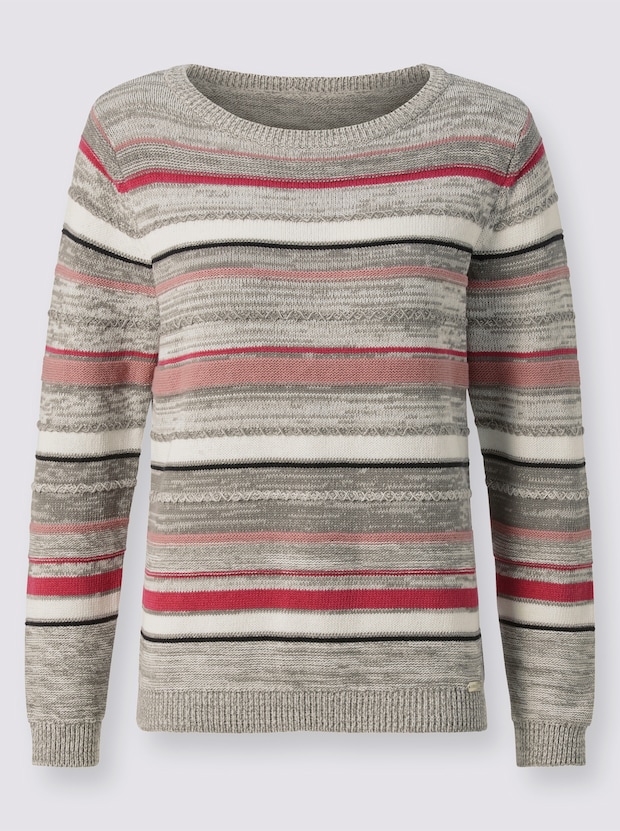 Langarm-Pullover in hellgrau-ecru-geringelt | heine