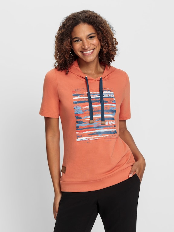 Sweatshirt mit Kapuze in papaya-dunkelblau-bedruckt | heine