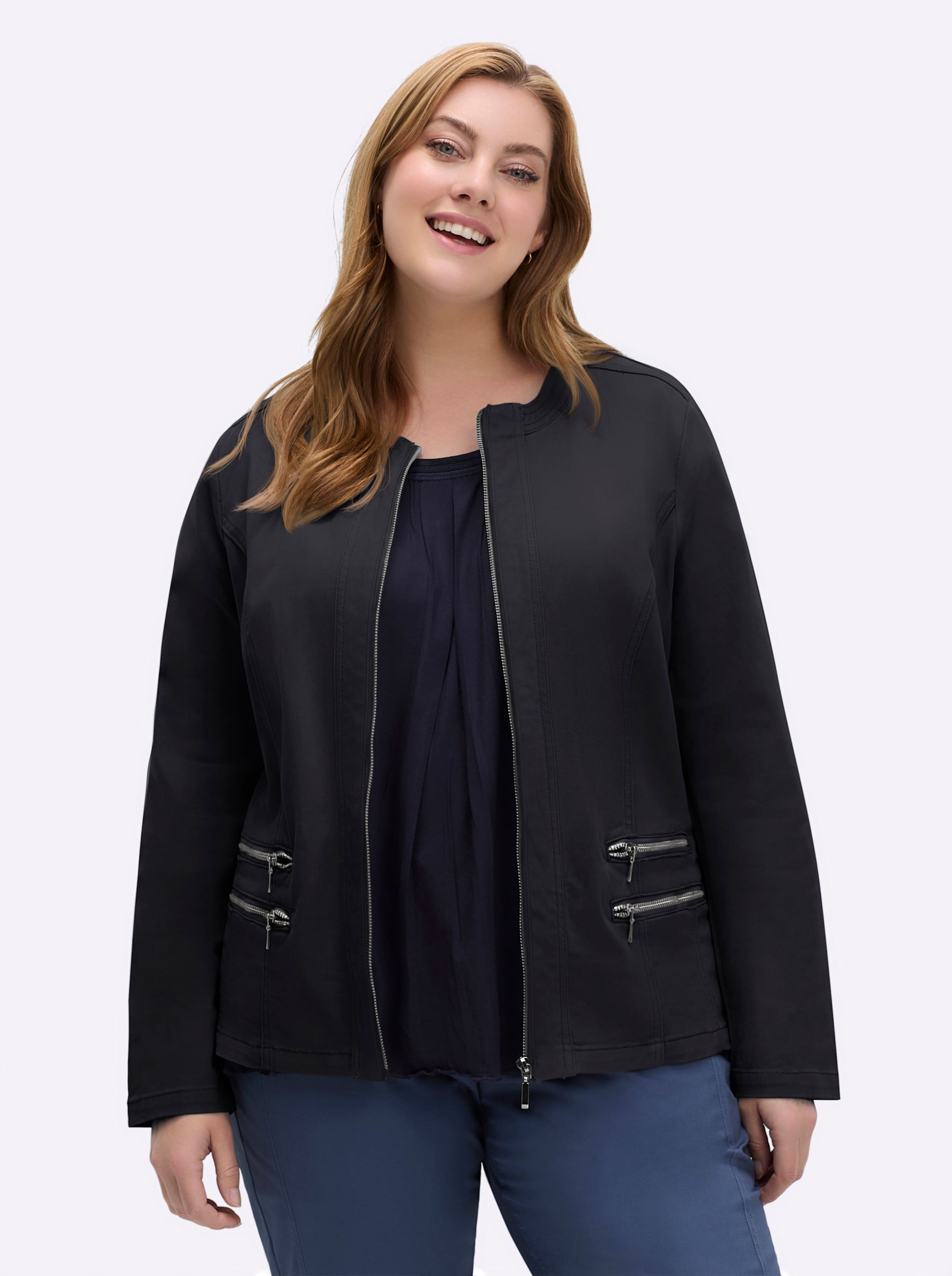 Jeansblazer mit Zier-Reißverschlüssen in schwarz | Sheego