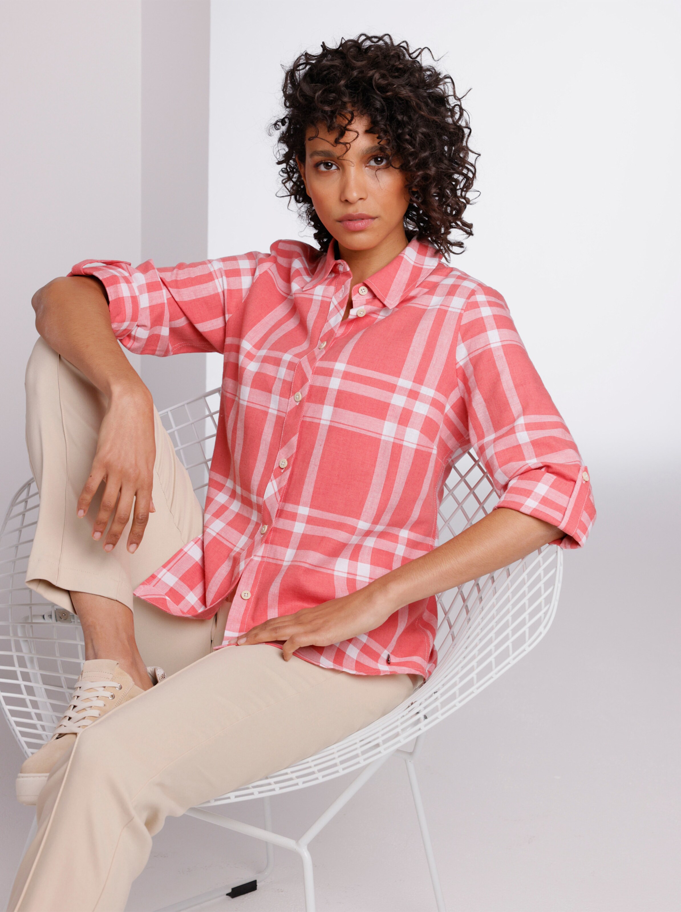 CREATION L PREMIUM Baumwoll-Woll-Bluse in grapefruit-ecru-kariert | heine