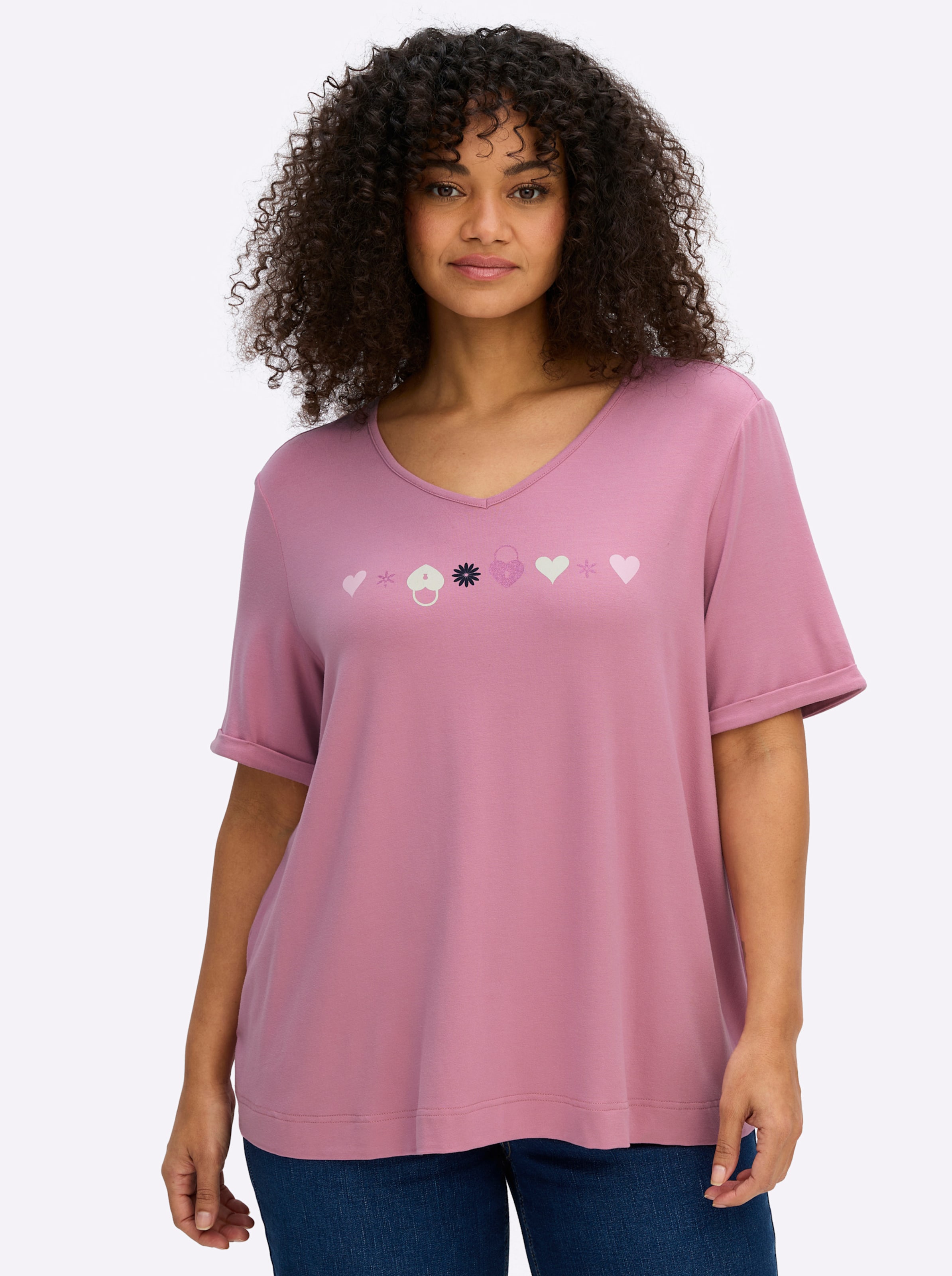 sheego V-Shirt in A-Linie, mit Glitzerdruck in altrosa-bedruckt | heine