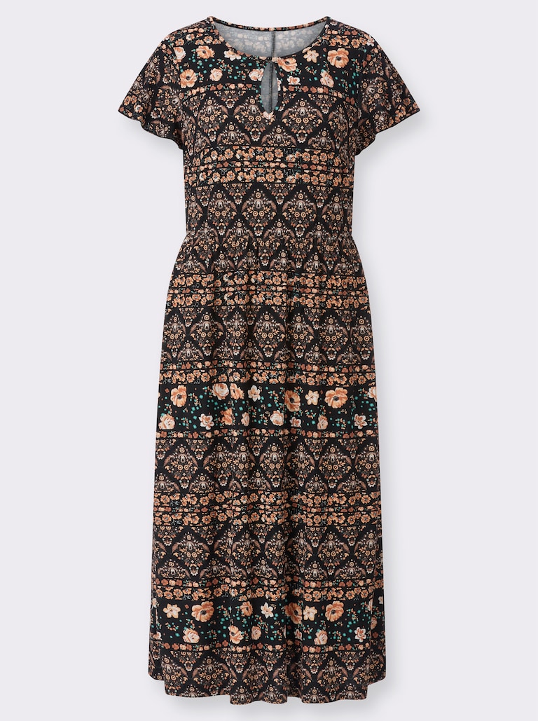 Jerseykleid mit Gummizug auf Taillenhöhe in papaya-schwarz-bedruckt | heine