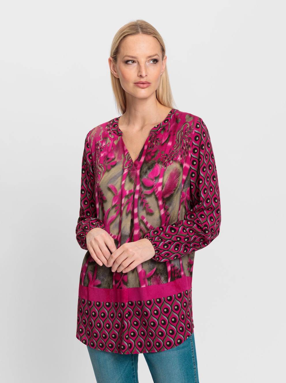 heine Blouse met print en met elastiek in de mouwboord in pink/kaki ...