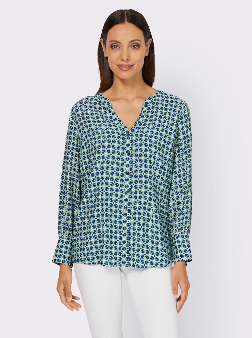 heine Blouse met lange mouwen en grafisch dessin in ecru/koningsblauw ...