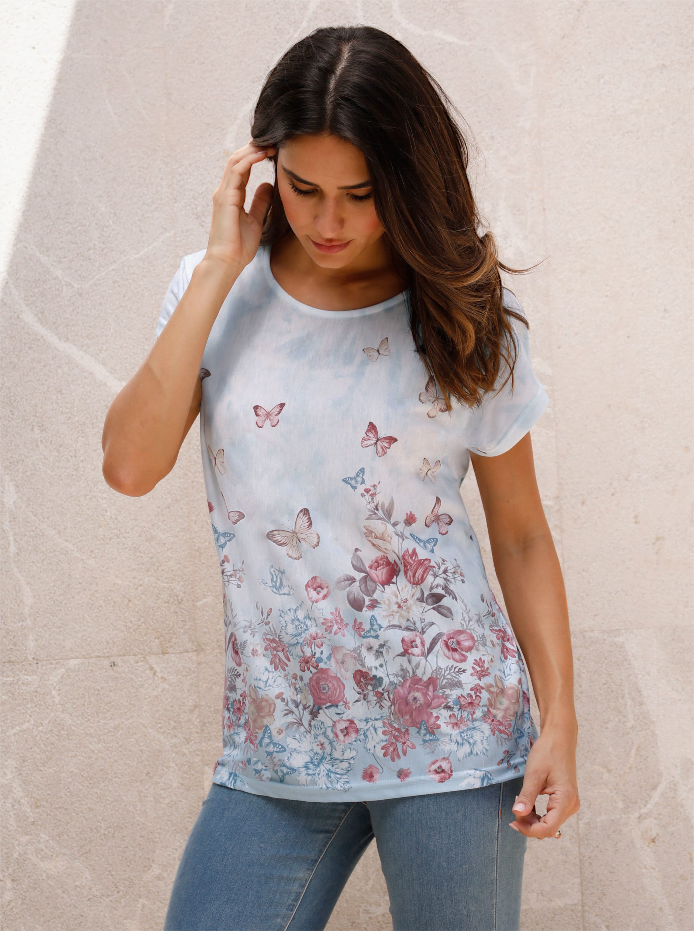 Shirt met korte mouwen in ecru/lichtblauw bedrukt | Your Look... for less!