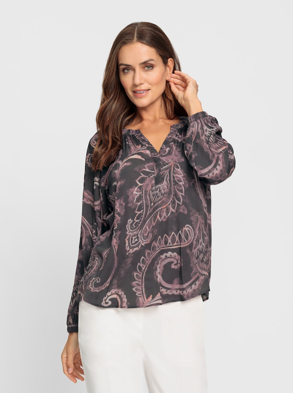 heine Blouse met print van satijn in antraciet/mauve bedrukt | Witt
